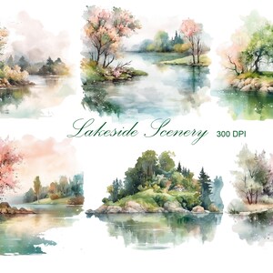 Watercolor Lakeside Scenery Clipart, Summer Lake Landscape Commercial ...