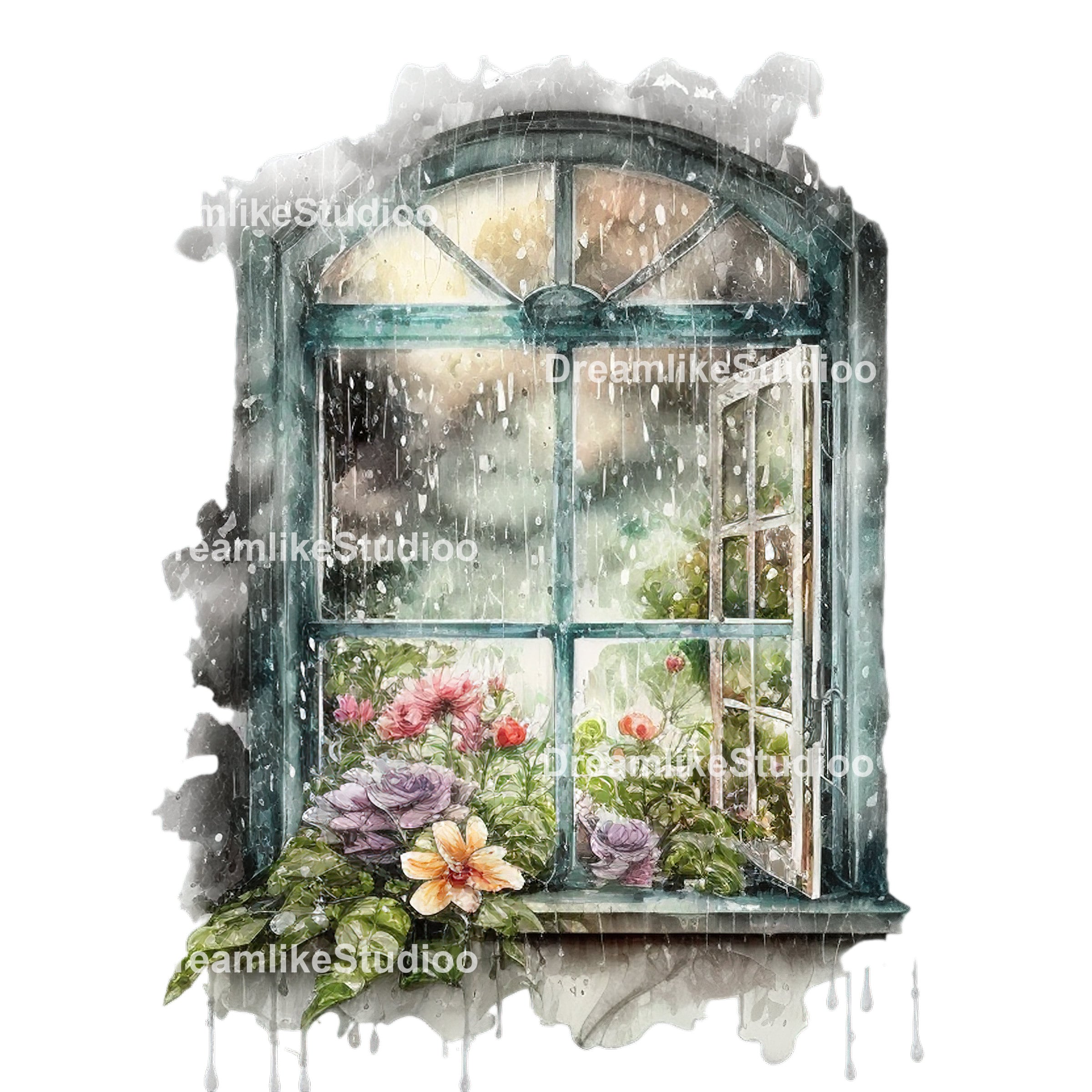 Watercolor Rainy Day Clipart, Rainy Window Commercial Use Clipart ...