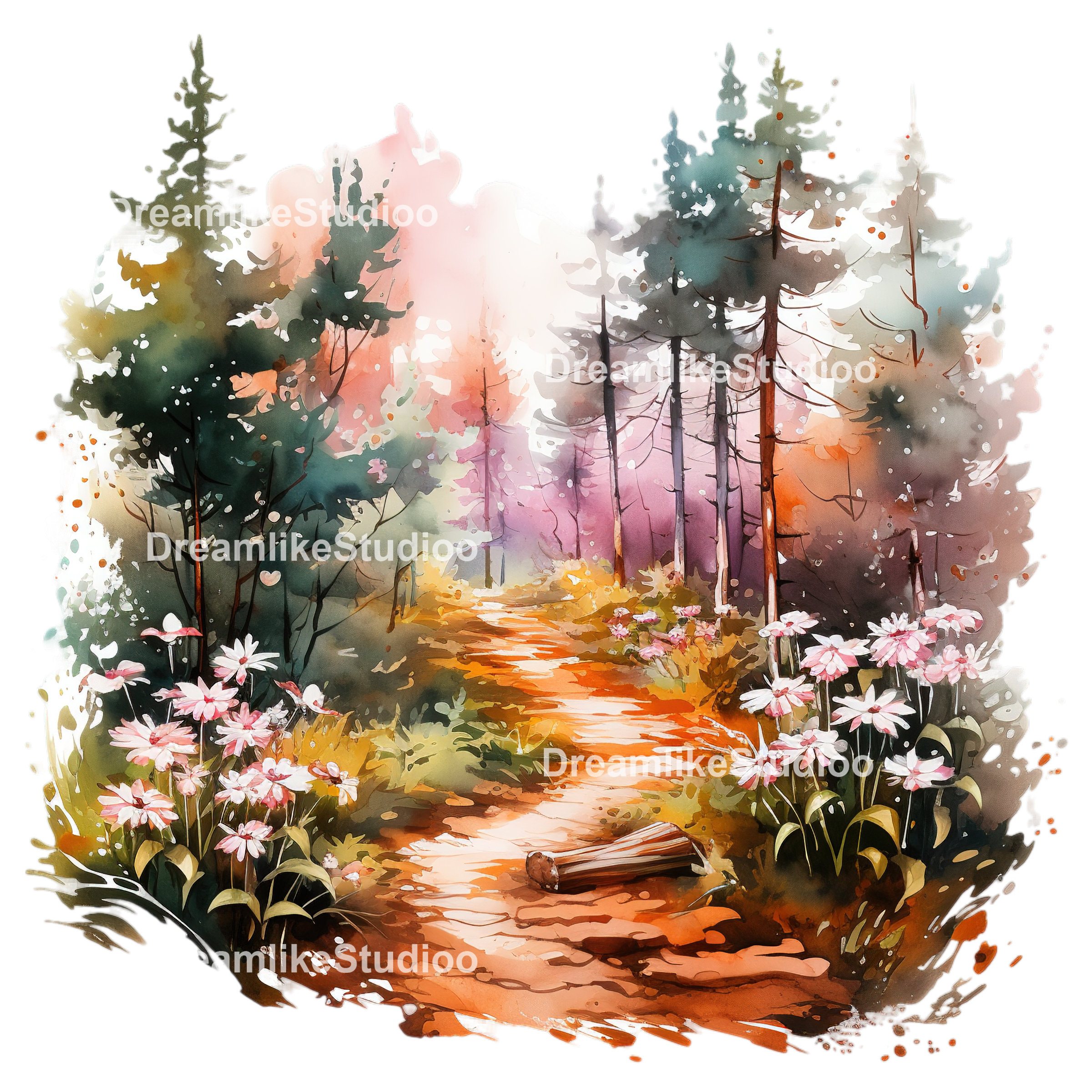 Watercolor Forest Path Clipart, Commercial Use Flowers Path in the ...