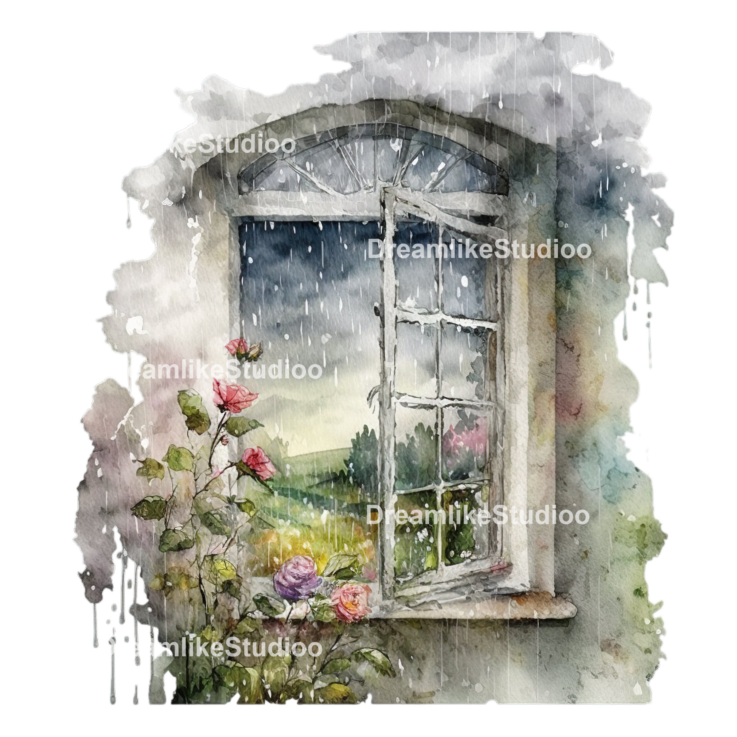 Watercolor Rainy Day Clipart, Rainy Window Commercial Use Clipart ...