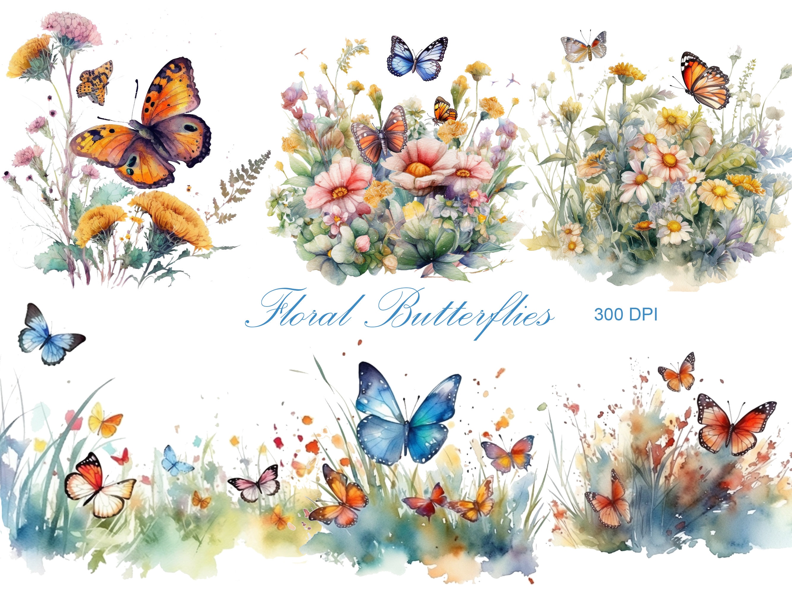 Watercolor Floral Butterflies Clipart, Commercial Use Clipart, Flowers ...