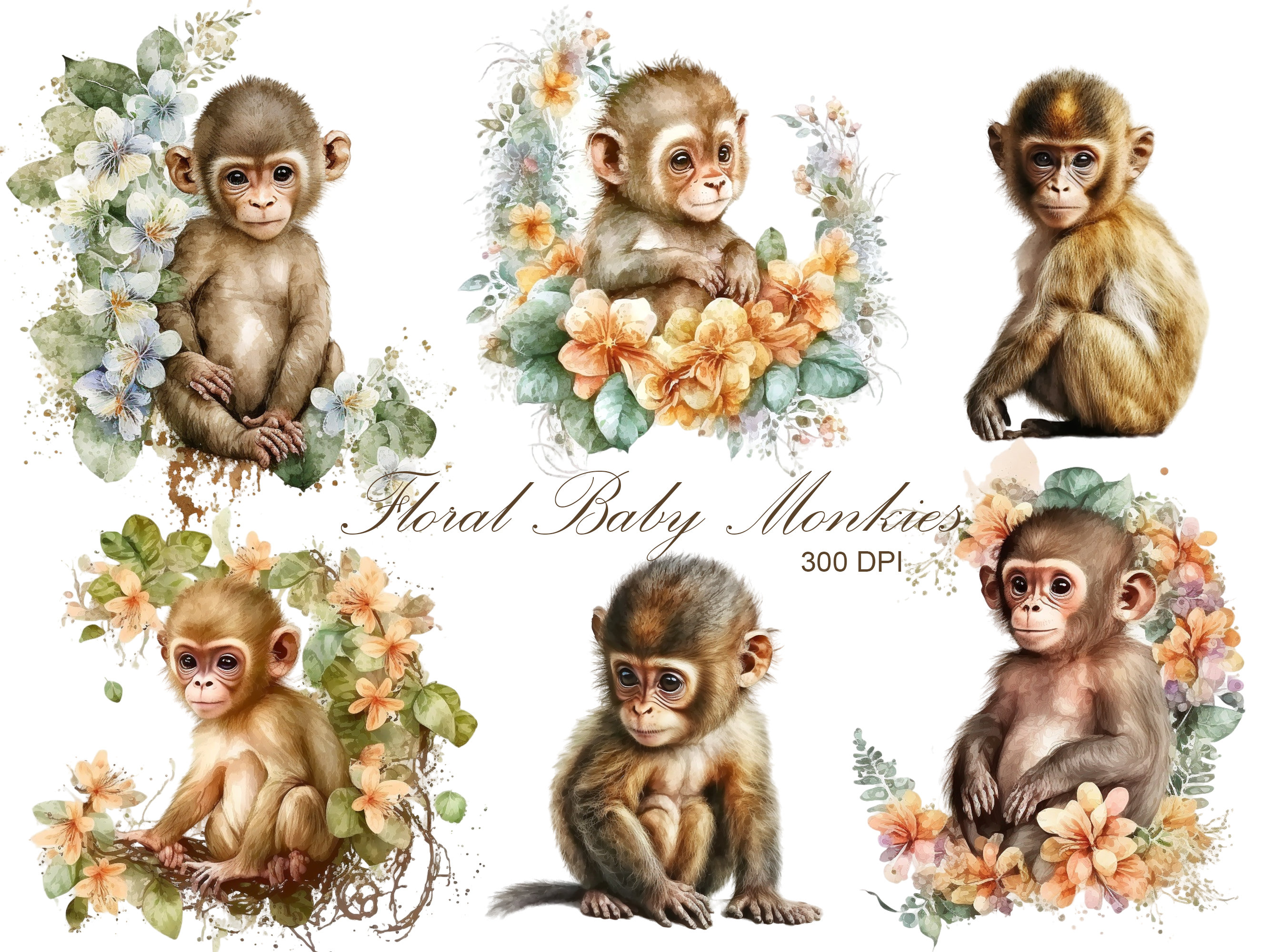Watercolor Baby Monkey Clipart, Commercial Use Floral Monkey PNG ...