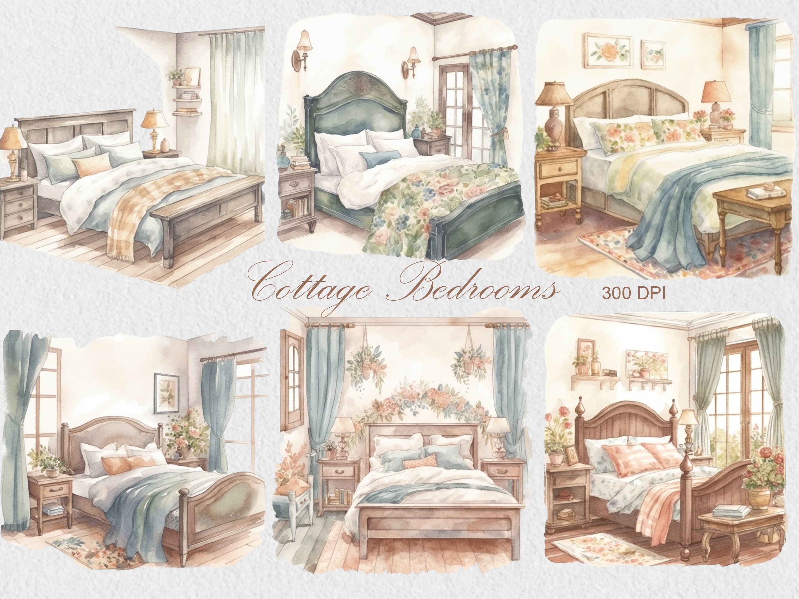 Watercolor Bedroom Cliparts, Commercial Use Clipart, Interior Clipart ...
