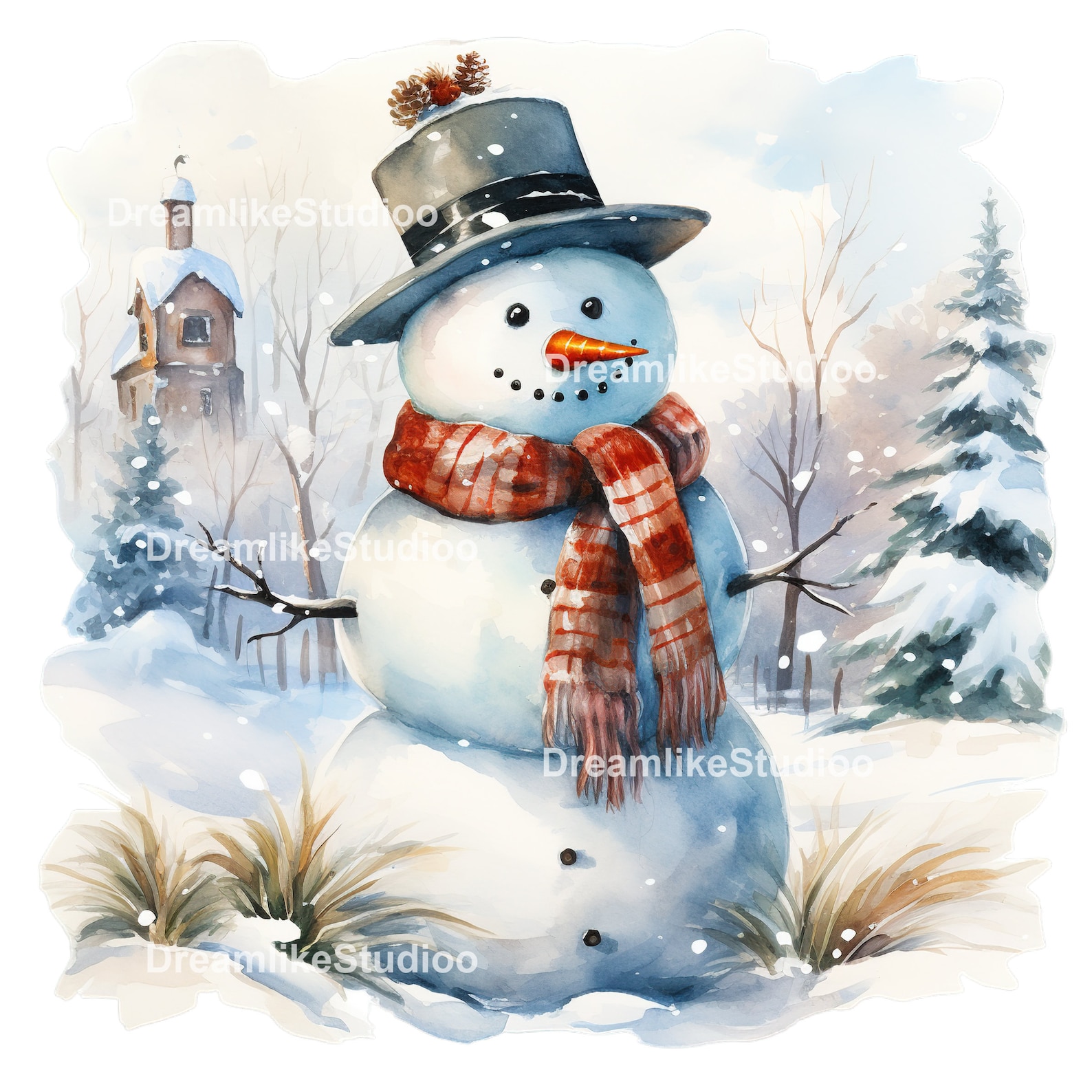 Watercolor Snowman Clipart Commercial Use Winter Landscape - Etsy