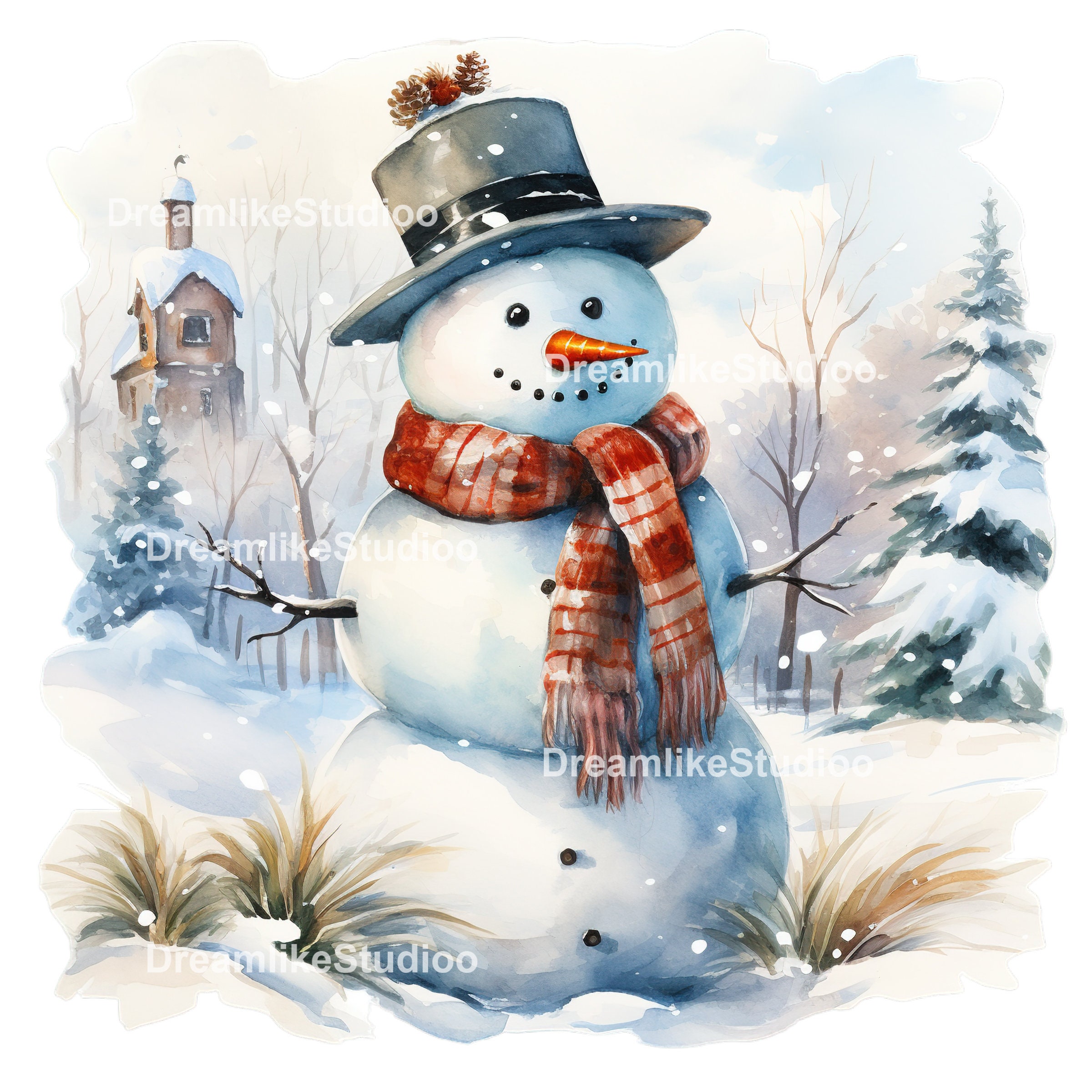 Watercolor Snowman Clipart Commercial Use Winter Landscape - Etsy