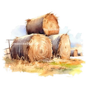 Watercolor Bale of Hay Clipart, Landscape Scenes PNG, Instant Download ...