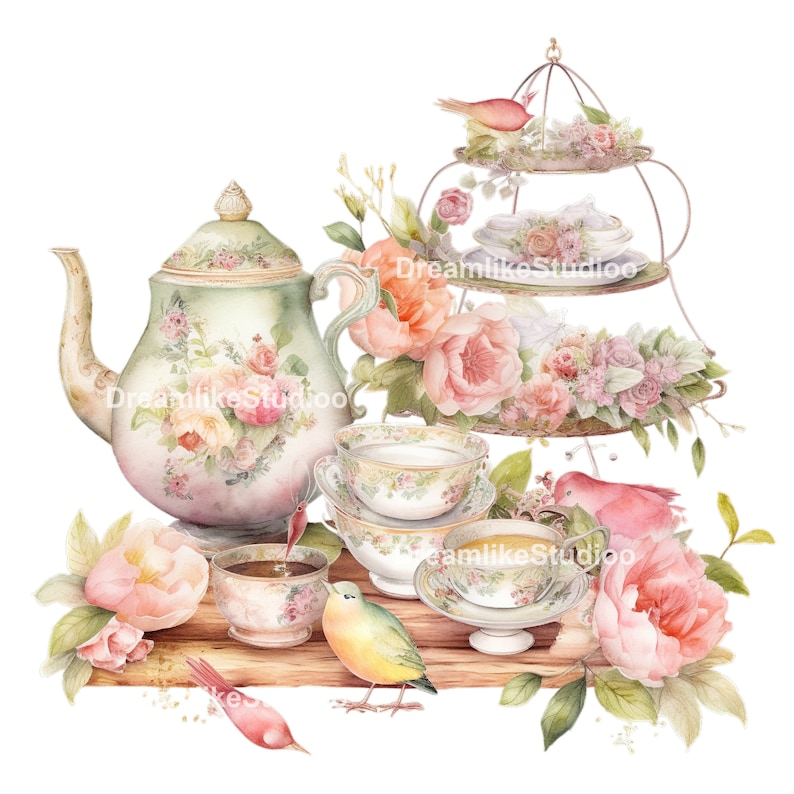 Watercolor Garden Tea Party Scenes, PNG, Commercial Clipart, Tea Time ...