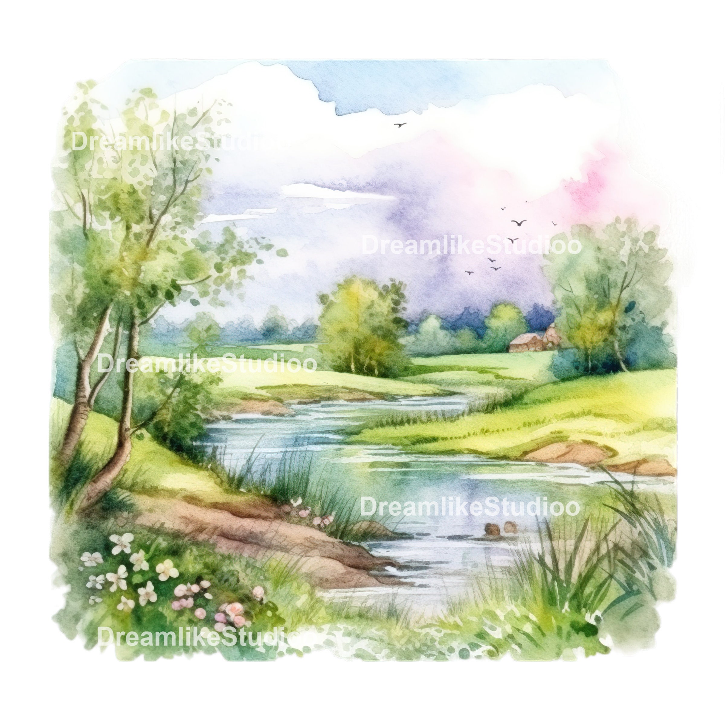 Summer Scenery Clipart, Commercial Use Watercolor Landscape Clipart ...