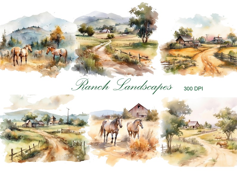 Watercolor Ranch Landscapes Clipart Western Landscape Scenes - Etsy