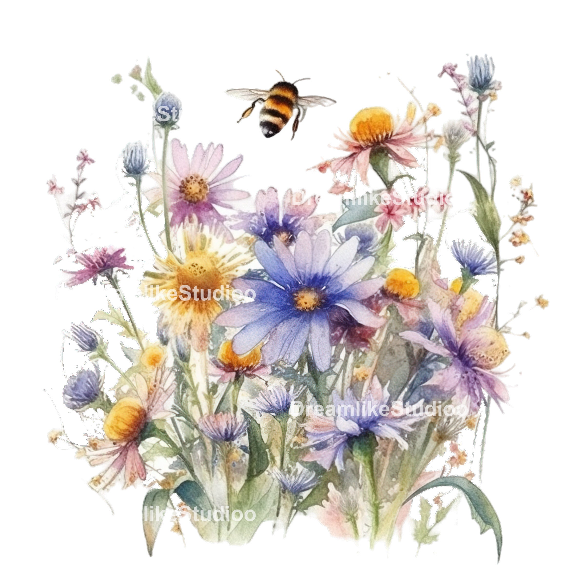 Bee Clipart PNG Watercolor Honey Bee and Summer Flowers Commercial Use ...