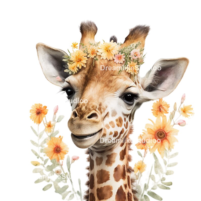 Watercolor Baby Giraffe Cliparts, Commercial Use Floral Giraffe PNG ...