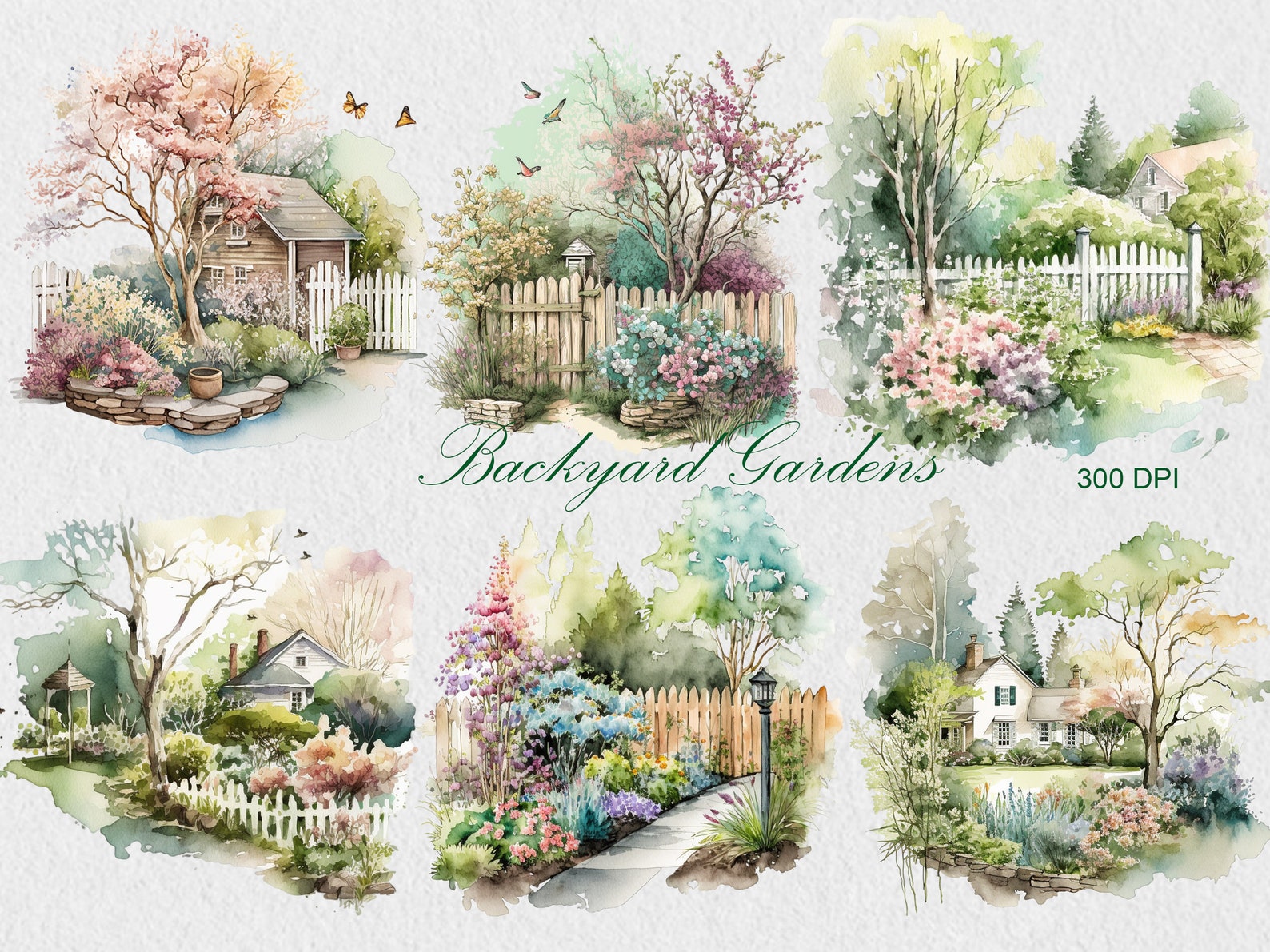 Watercolor Backyard Garden Clipart, Spring Garden PNG, Commercial Use ...