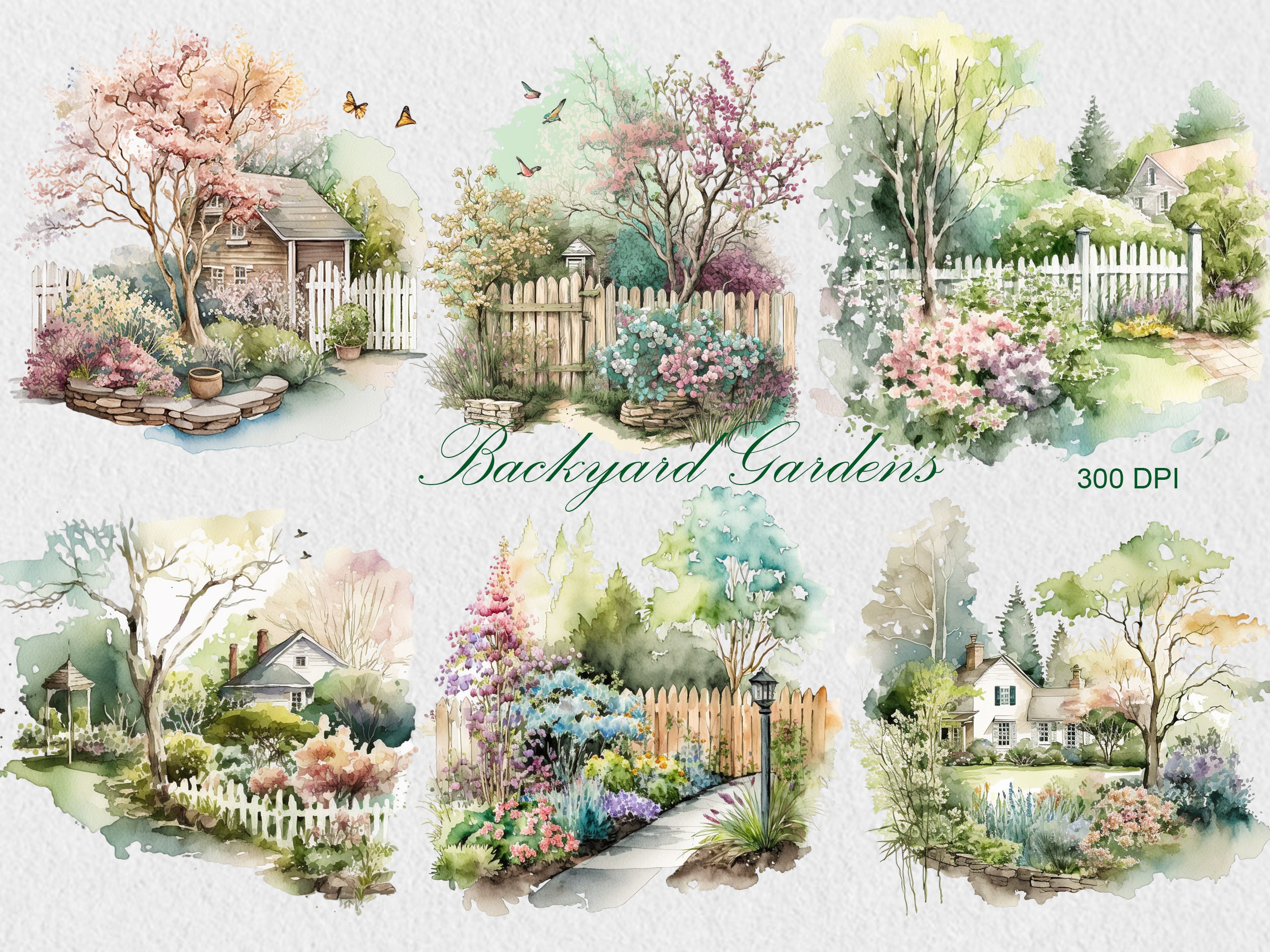Watercolor Backyard Garden Clipart, Spring Garden PNG, Commercial Use ...
