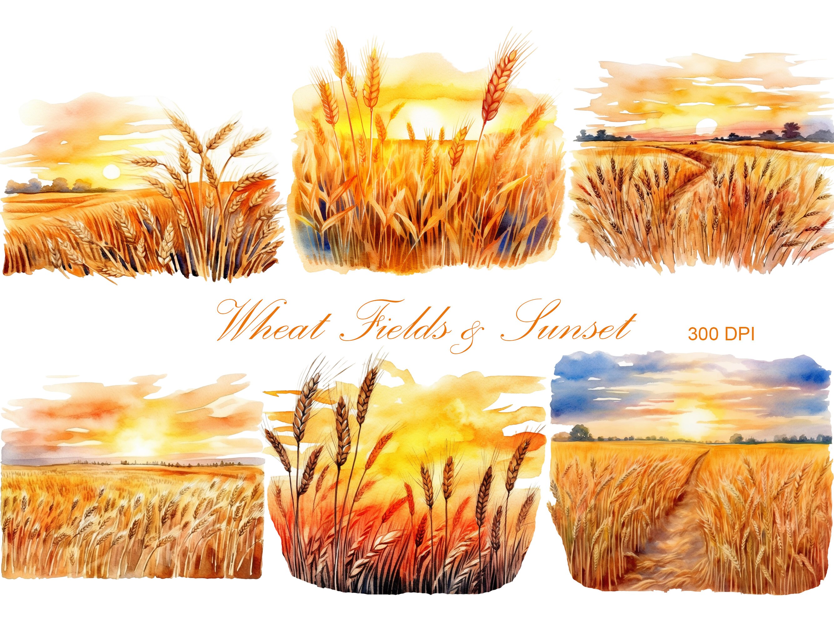 Watercolor Wheat Field Clipart Commercial Use Sunset Clipart - Etsy