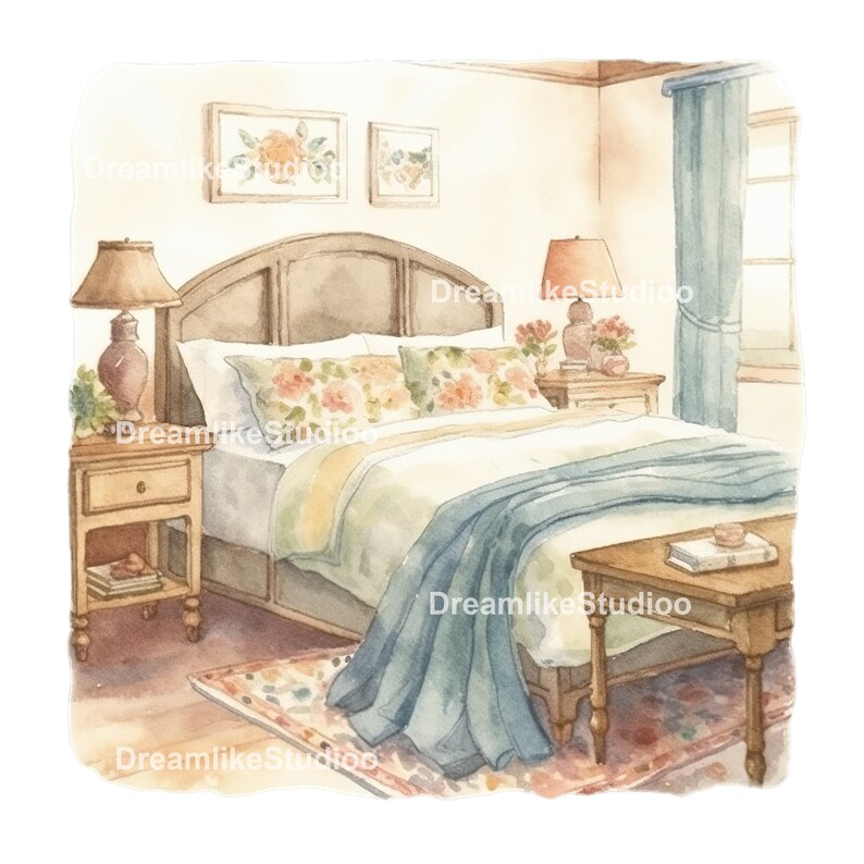 Watercolor Bedroom Cliparts, Commercial Use Clipart, Interior Clipart ...