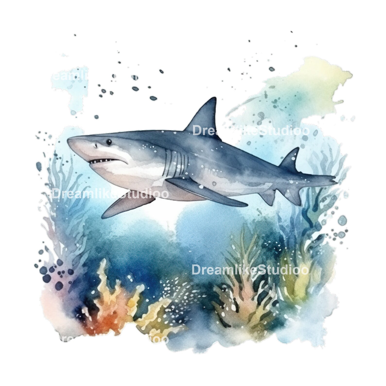 Watercolor Shark Clipart, Commercial Use Underwater Clipart, Cute Shark ...