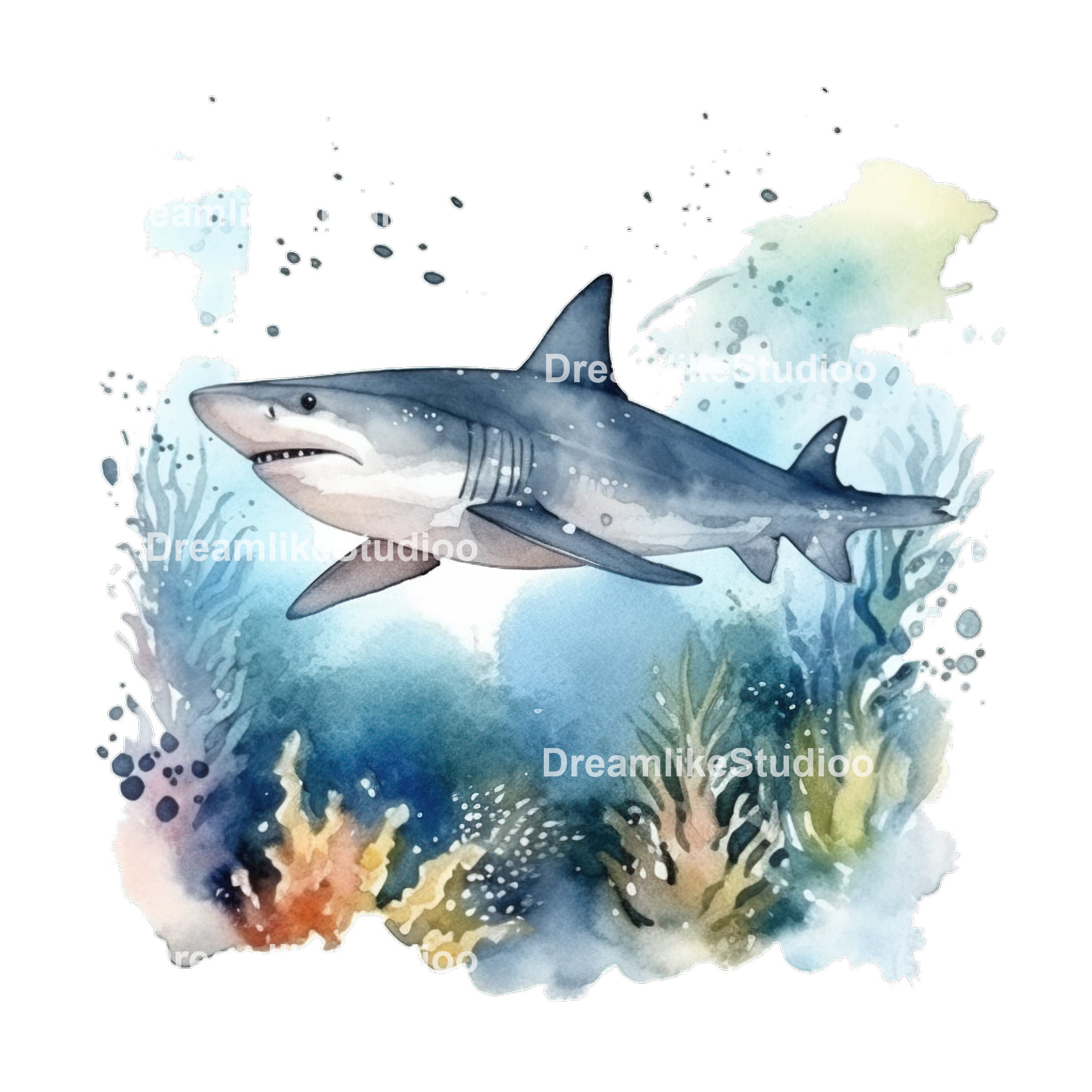 Watercolor Shark Clipart, Commercial Use Underwater Clipart, Cute Shark ...