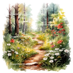 Watercolor Forest Path Clipart, Commercial Use Flowers Path in the ...