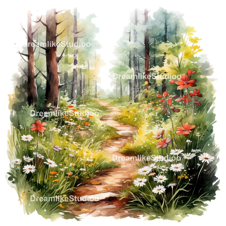 Watercolor Forest Path Clipart, Commercial Use Flowers Path in the ...