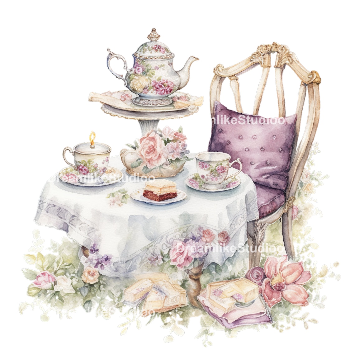 Watercolor Garden Tea Party Scenes, PNG, Commercial Clipart, Tea Time ...