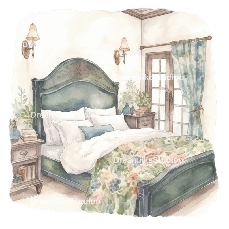 Watercolor Bedroom Cliparts, Commercial Use Clipart, Interior Clipart ...