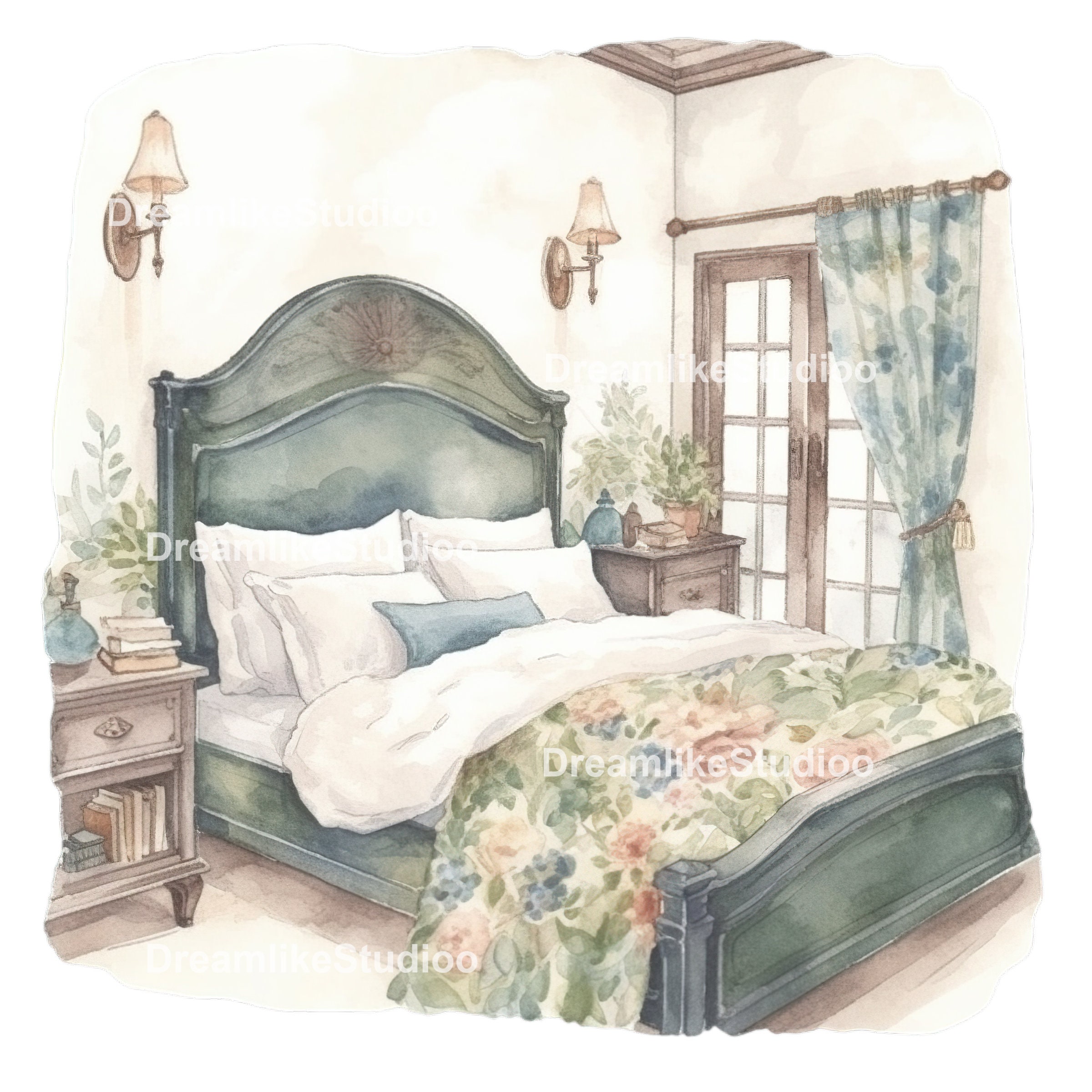 Watercolor Bedroom Cliparts, Commercial Use Clipart, Interior Clipart ...