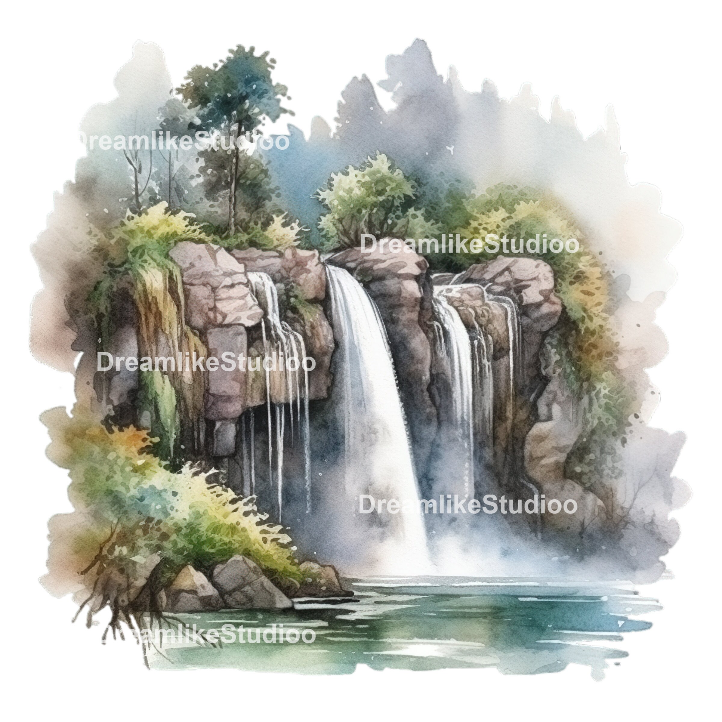 Watercolor Waterfall Clipart Bundle, Commercial Use Landscape Clipart ...