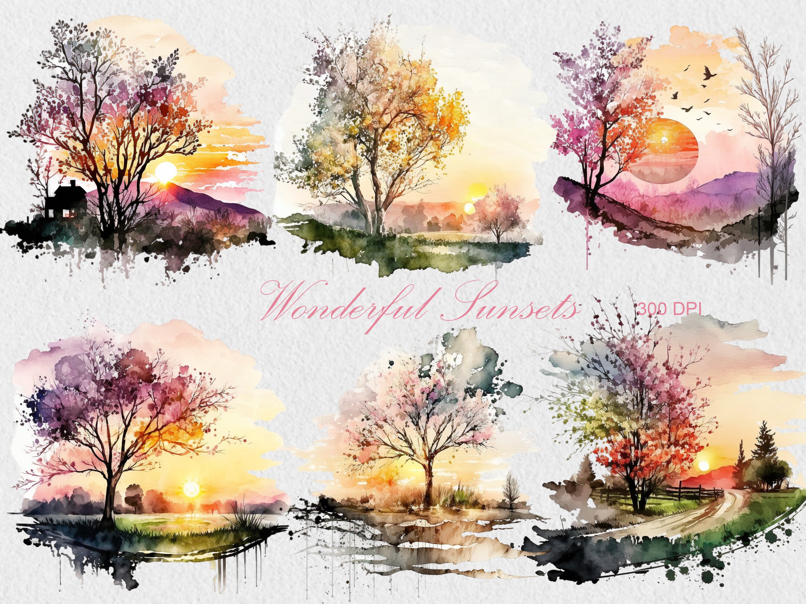 Watercolor Sunset Clipart Commercial Use PNG Scrapbooking - Etsy