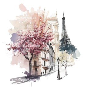 Watercolor Paris in Spring Clipart, Cute Watercolor Paris Scenes PNG ...
