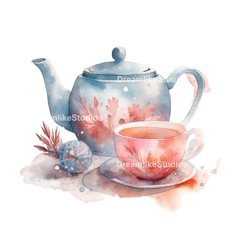 Winter Tea Party Clipart, Watercolor Tea Cup PNG Commercial Use Clipart ...
