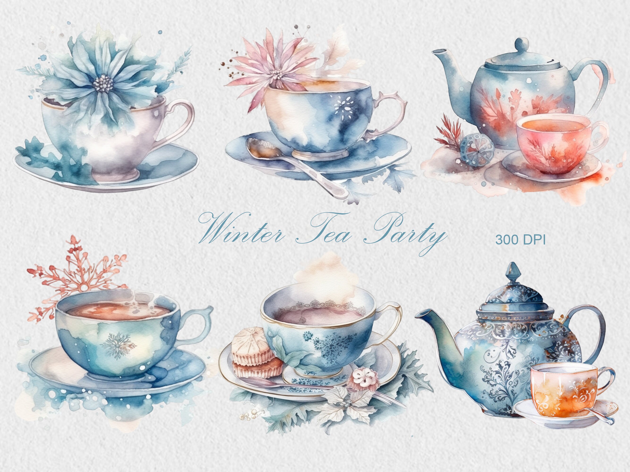 Winter Tea Party Clipart, Watercolor Tea Cup PNG Commercial Use Clipart ...