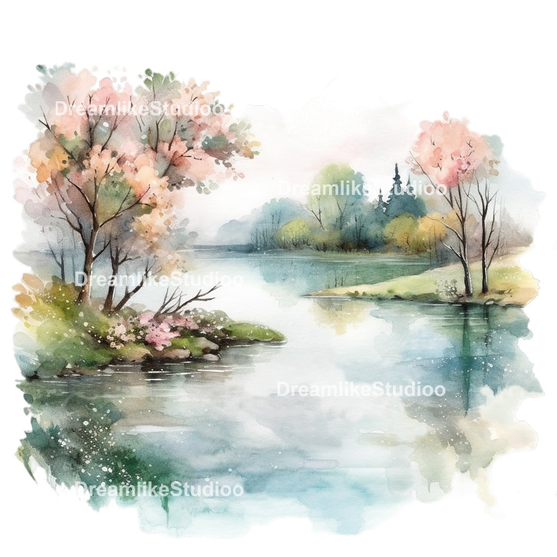 Watercolor Lakeside Scenery Clipart Summer Lake Landscape - Etsy
