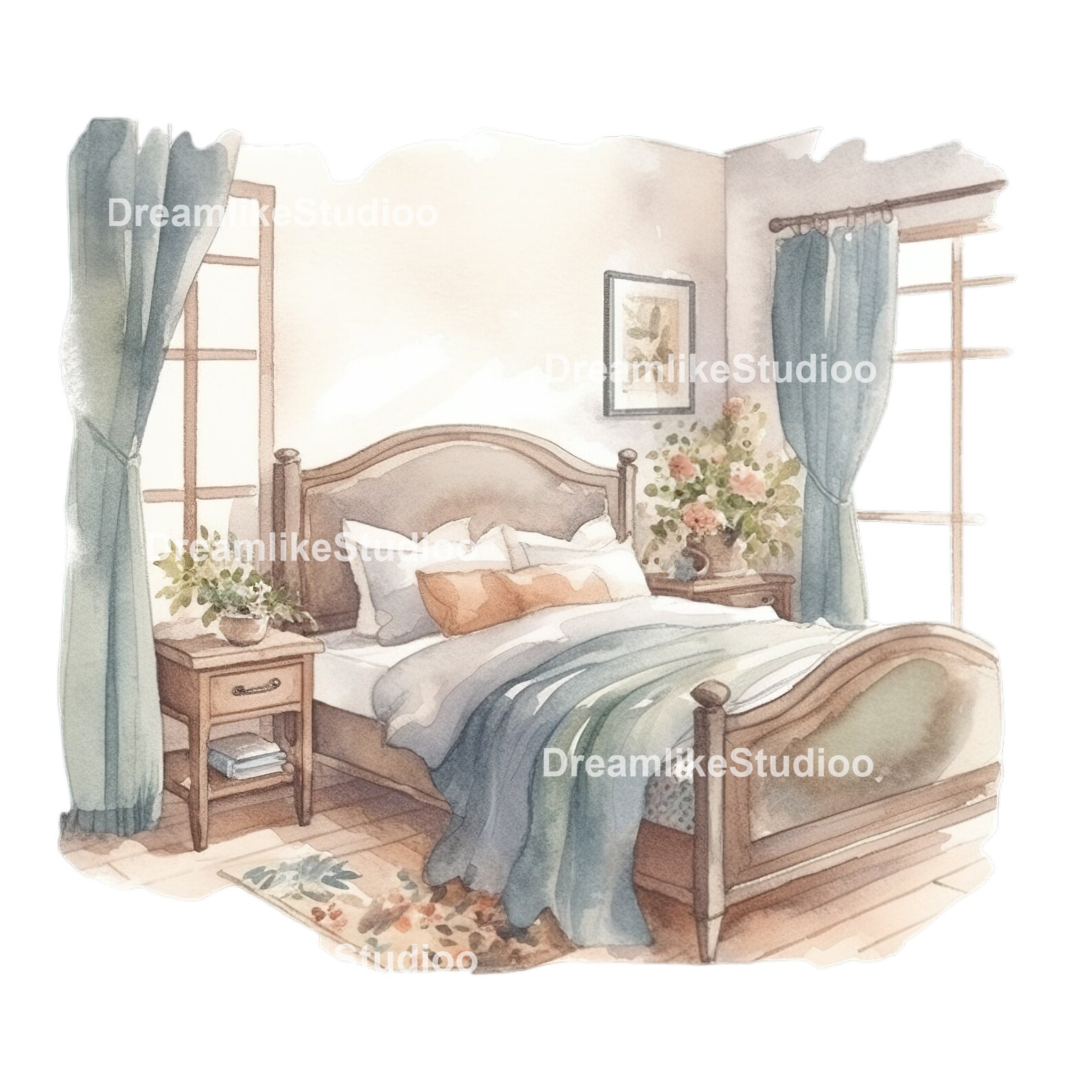 Watercolor Bedroom Cliparts, Commercial Use Clipart, Interior Clipart ...