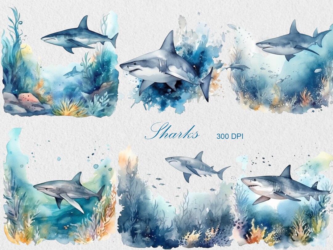 Watercolor Shark Clipart, Commercial Use Underwater Clipart, Cute Shark ...