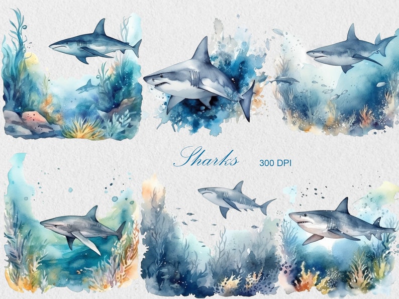 Watercolor Shark Clipart, Commercial Use Underwater Clipart, Cute Shark ...