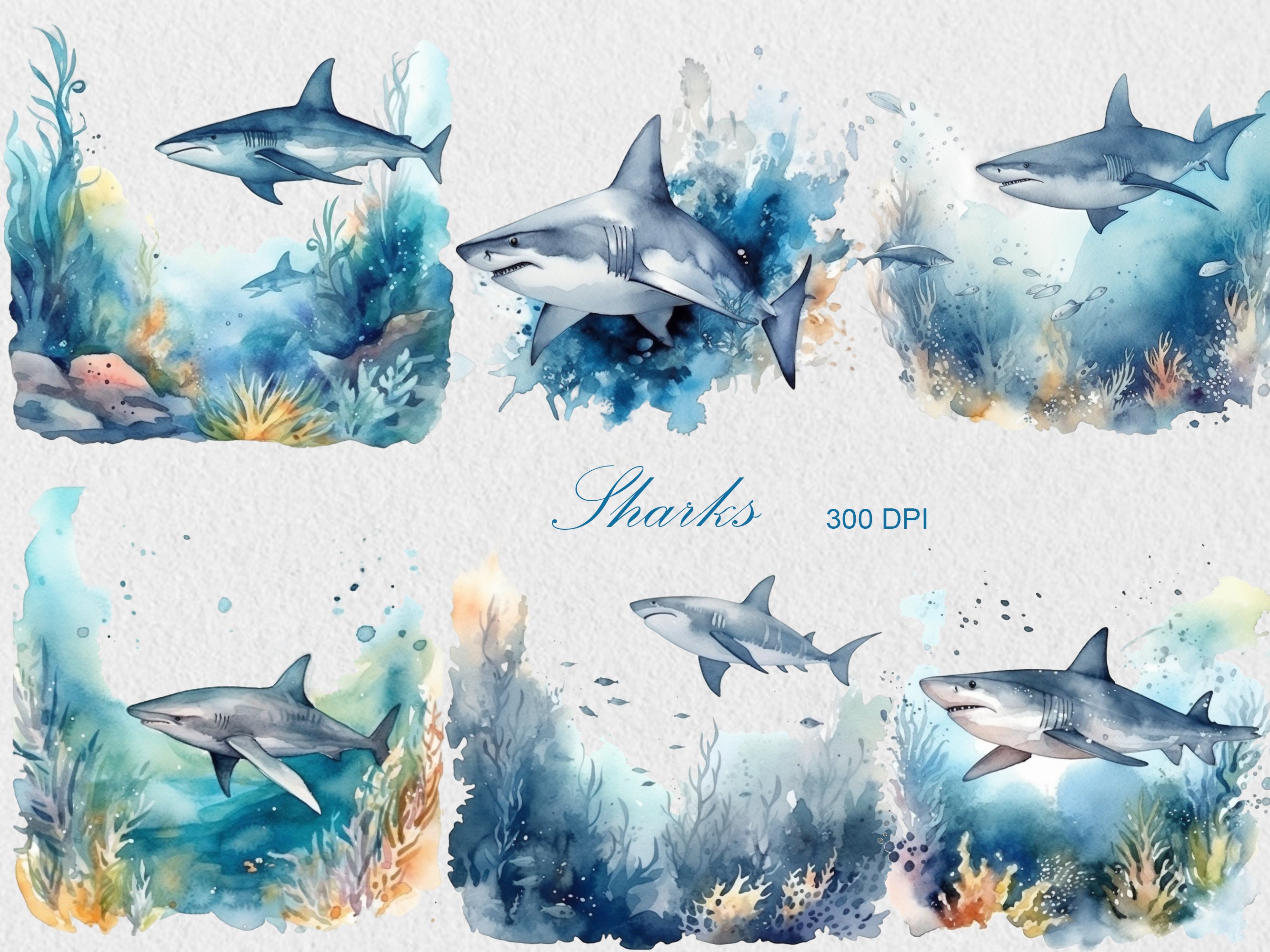 Watercolor Shark Clipart, Commercial Use Underwater Clipart, Cute Shark ...