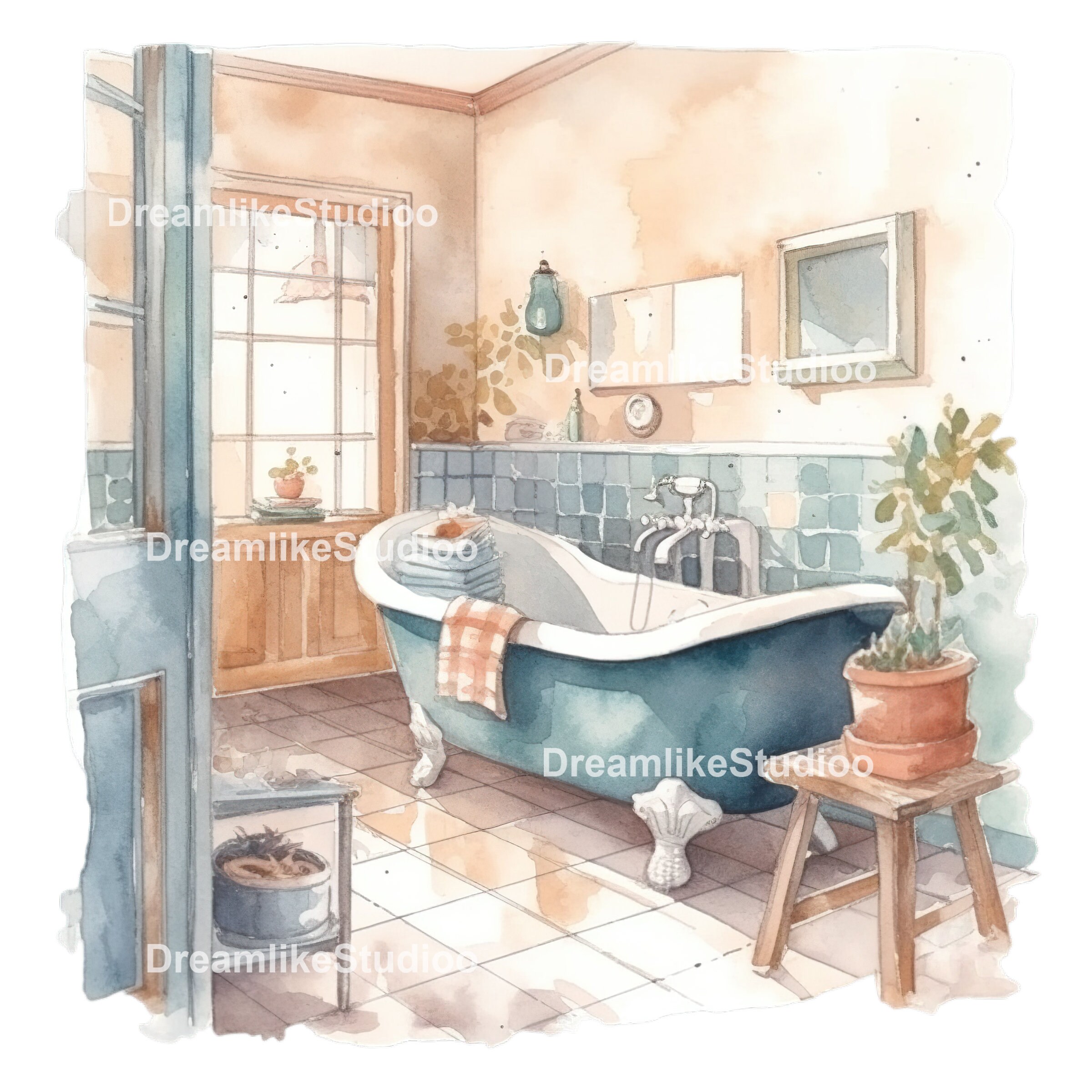 Watercolor Bathroom Cliparts, Commercial Use Clipart, Cottage Interior ...