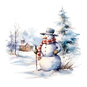 Watercolor Snowman Clipart, Commercial Use Winter Landscape Scene ...