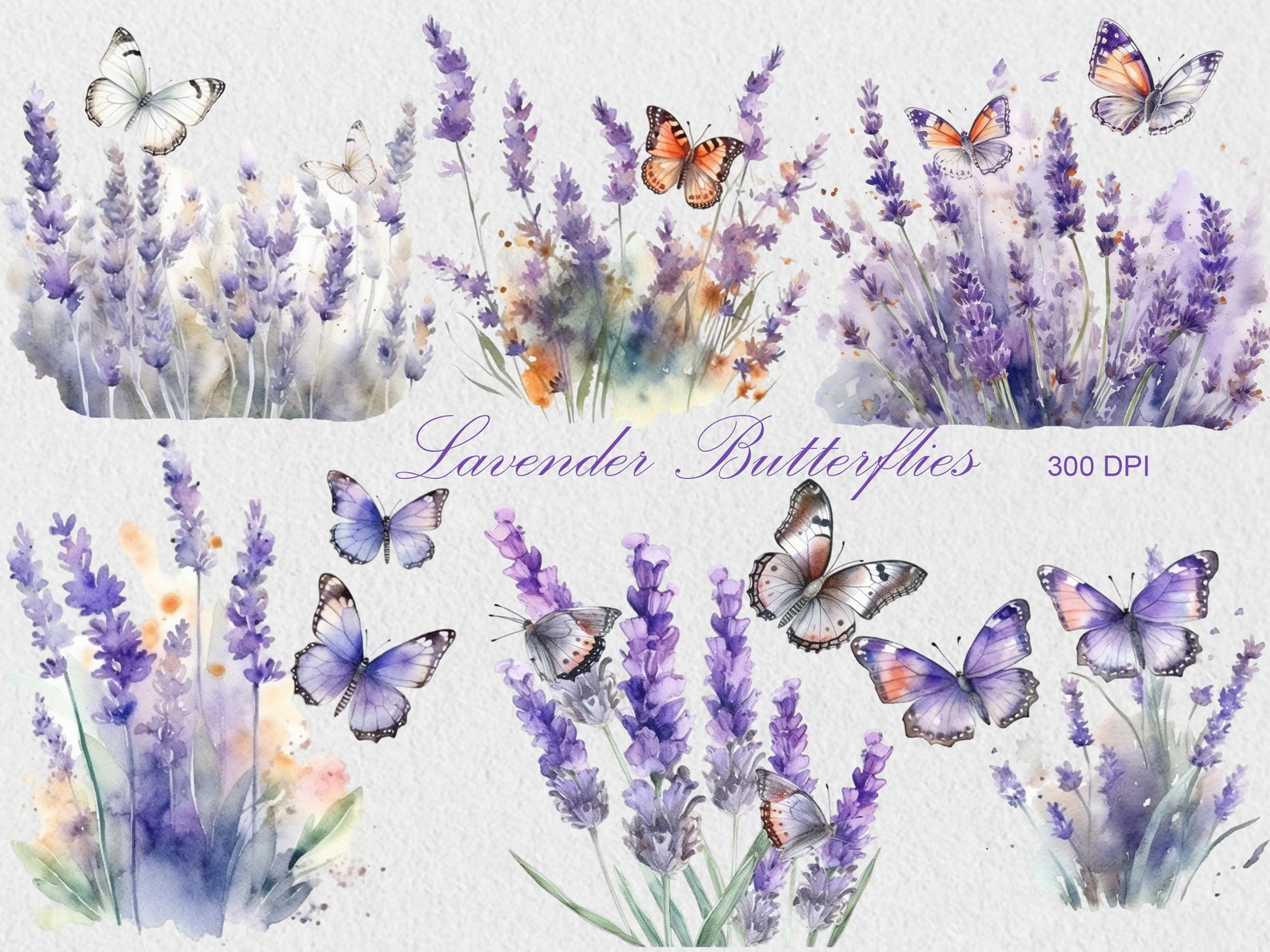 Watercolor Lavender Butterflies Clipart, Commercial Use Clipart, Floral ...