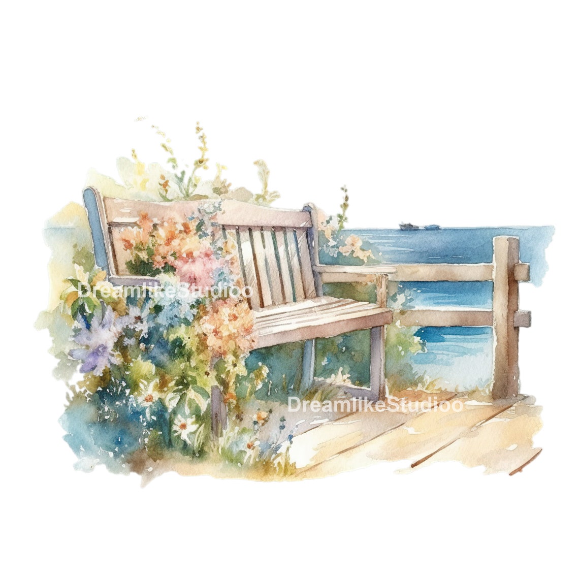 Watercolor Ocean Bench Clipart, Seaside Commercial Use Clipart ...