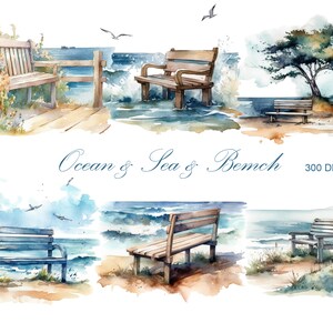 Watercolor Ocean Bench Clipart, Seaside Commercial Use Clipart ...