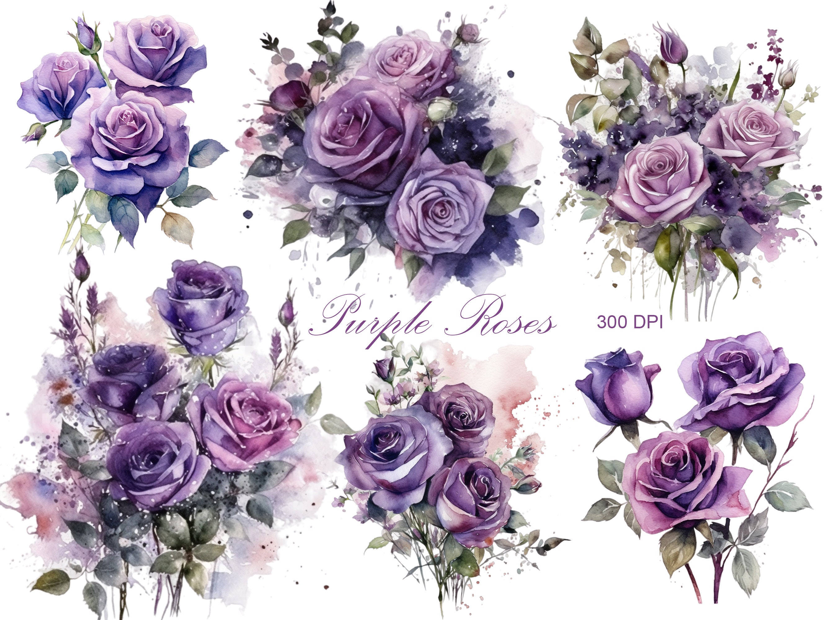 Purple Roses Clipart, Commercial Use Watercolor Rose Bouquet Clipart ...