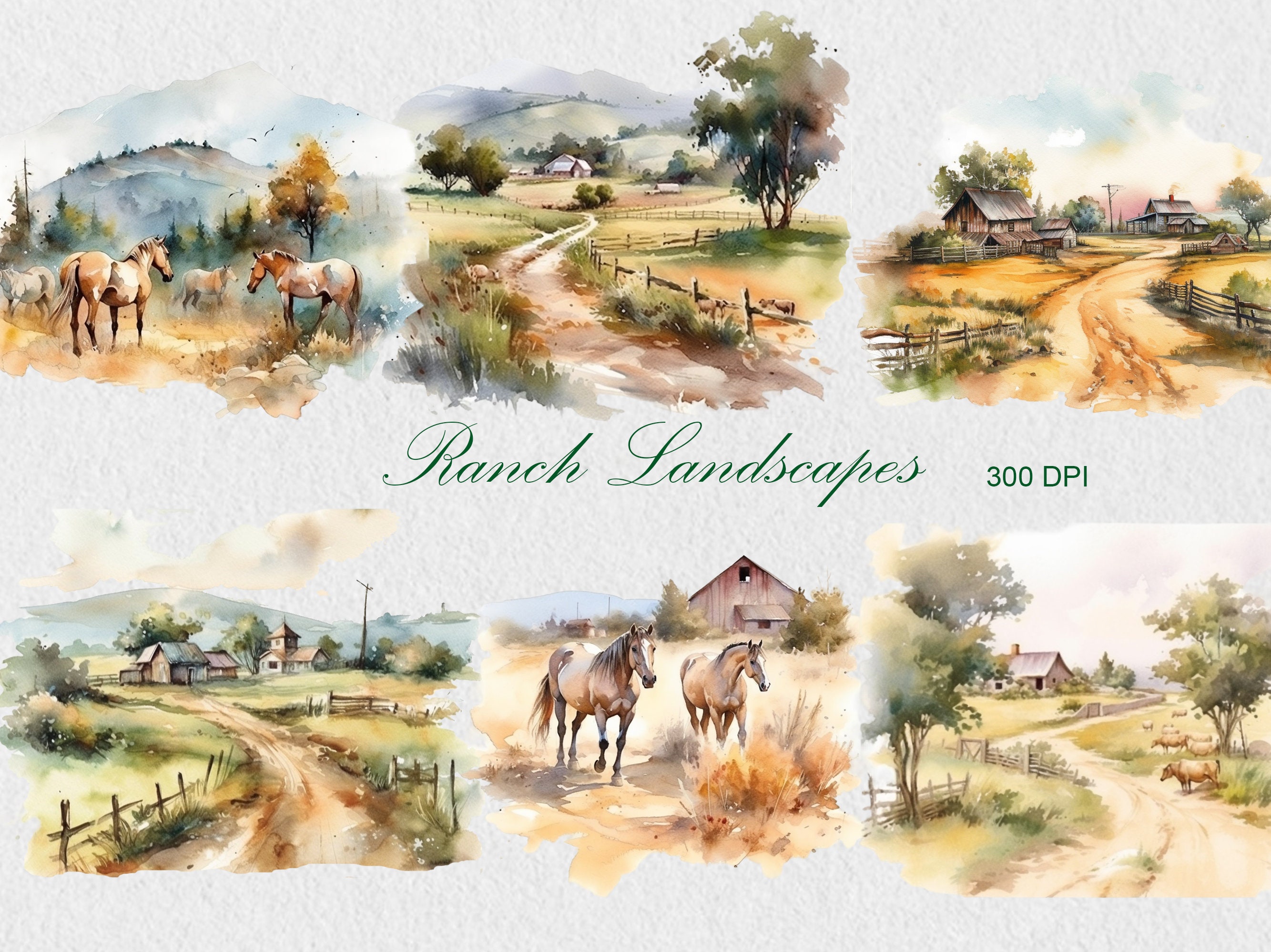 Watercolor Ranch Landscapes Clipart Western Landscape Scenes - Etsy