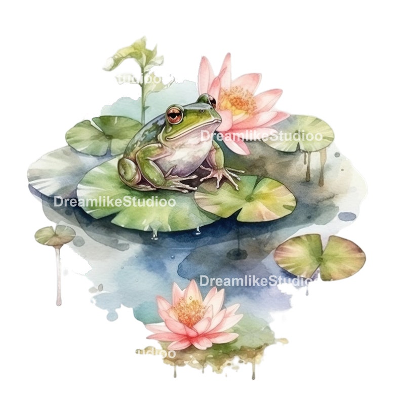 Watercolor Lily Pond Clipart, Waterlilies and Frog PNG, Instant ...