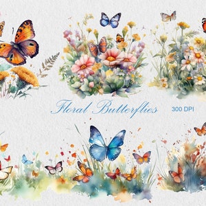 Watercolor Floral Butterflies Clipart, Commercial Use Clipart, Flowers ...