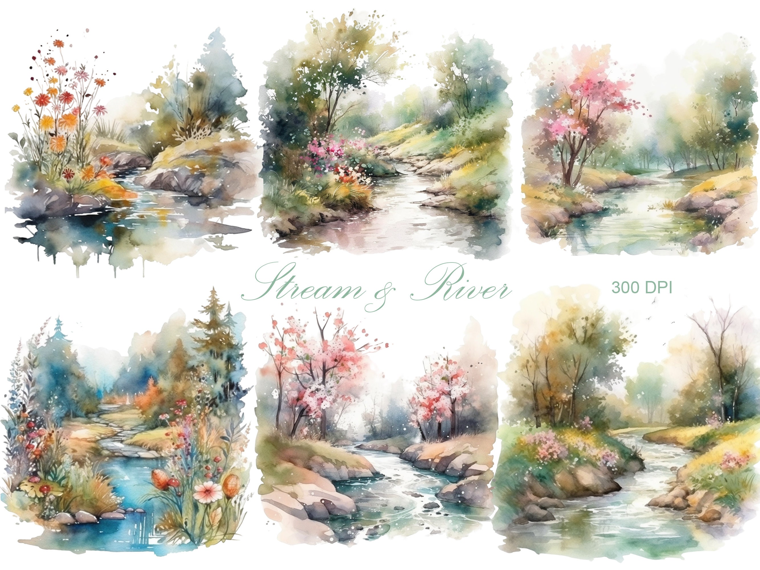 Watercolor Stream Clipart River With Flower Banks Commercial - Etsy
