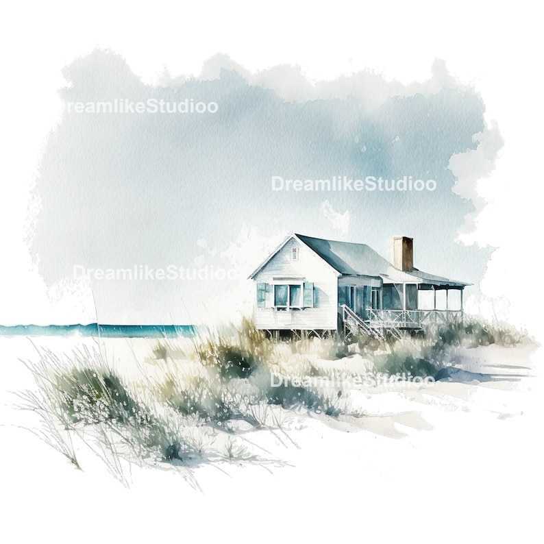 Watercolor Beach House Scenes, Commercial Use Clipart, Beach Clipart ...