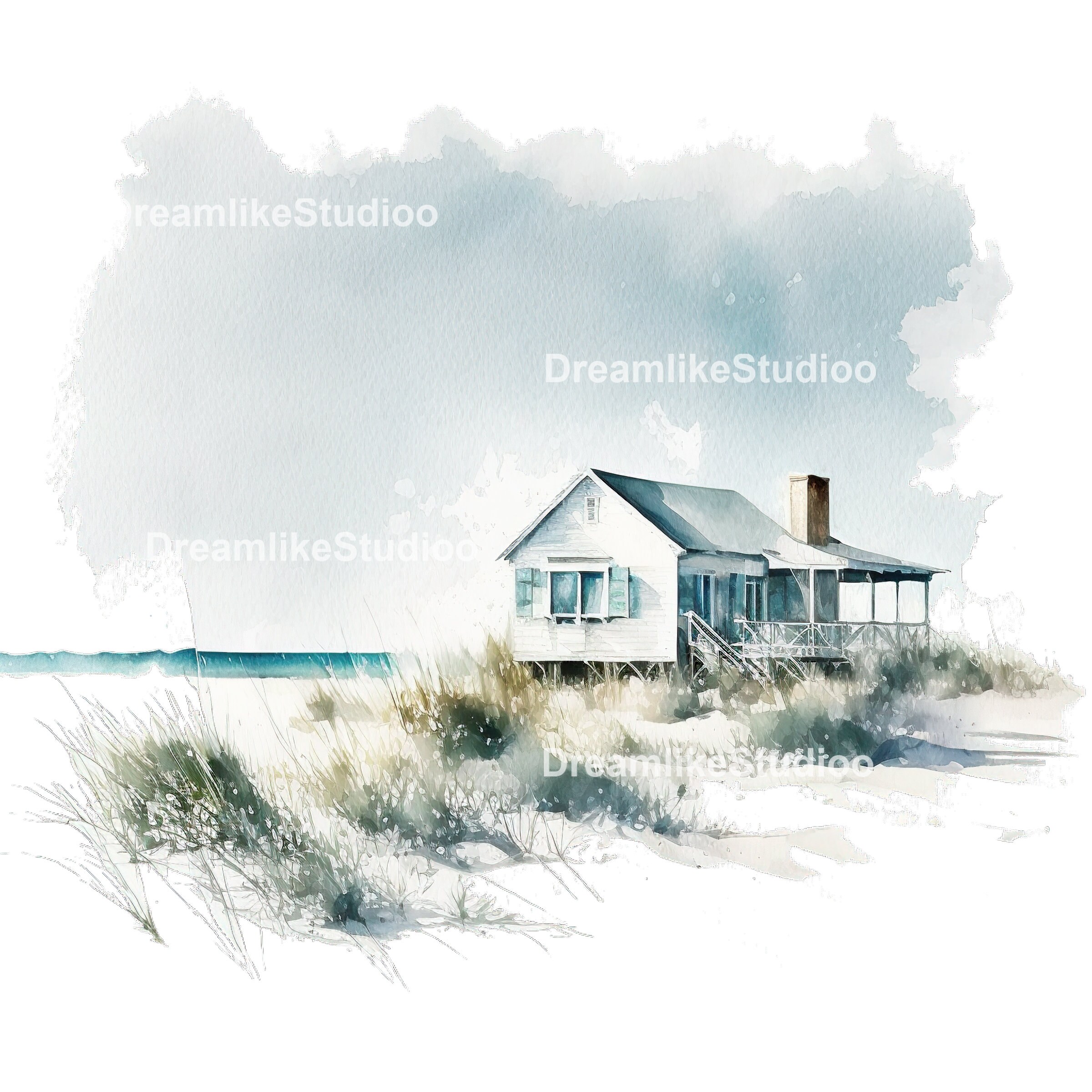 Watercolor Beach House Scenes, Commercial Use Clipart, Beach Clipart ...