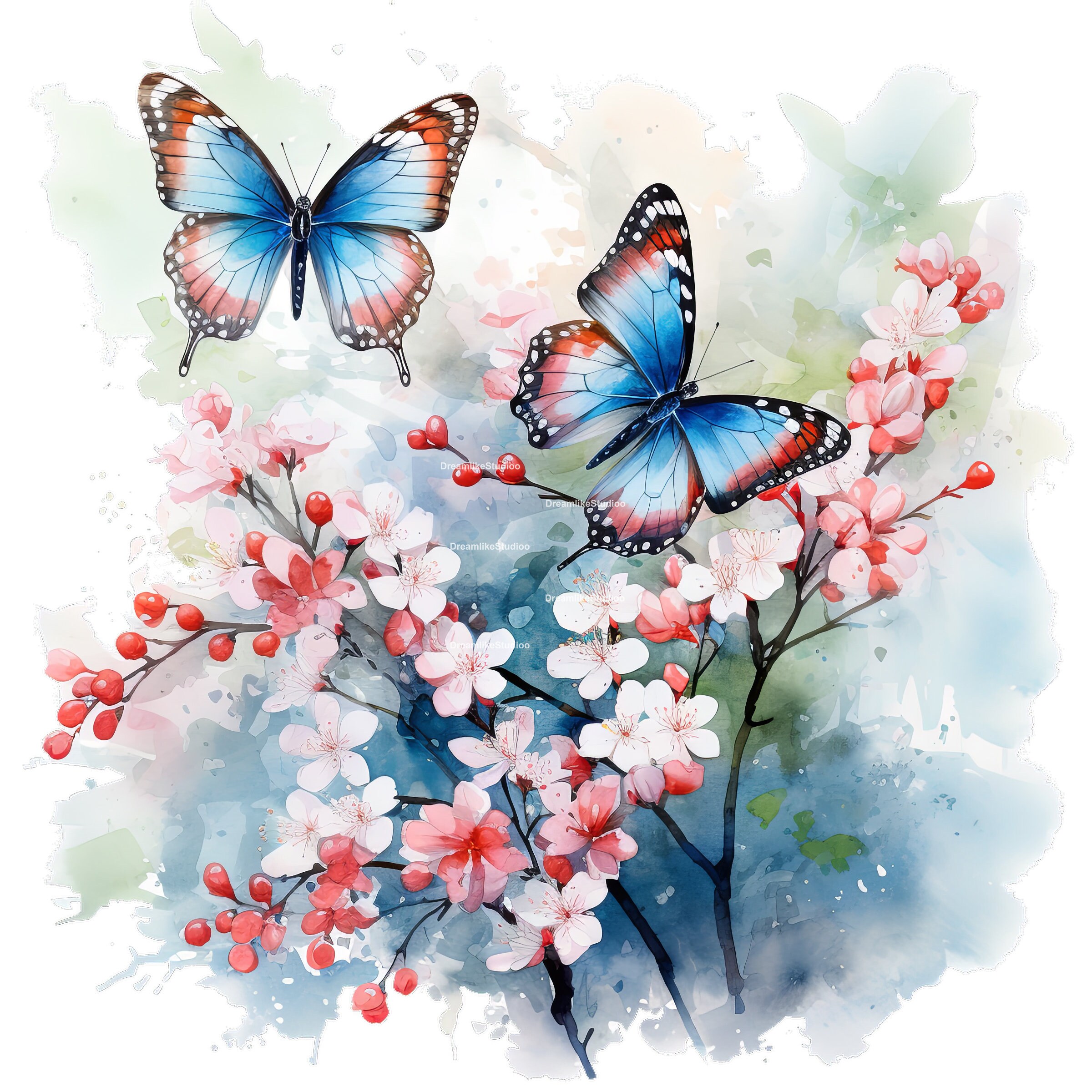 Watercolor Butterflies and Flowers Clipart, Commercial Use Clipart ...