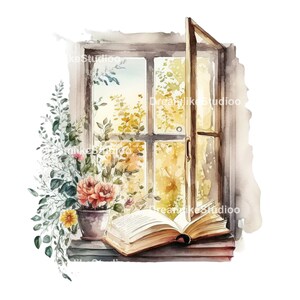 Window With Books Clipart Watercolor PNG, Commercial Use Clipart ...